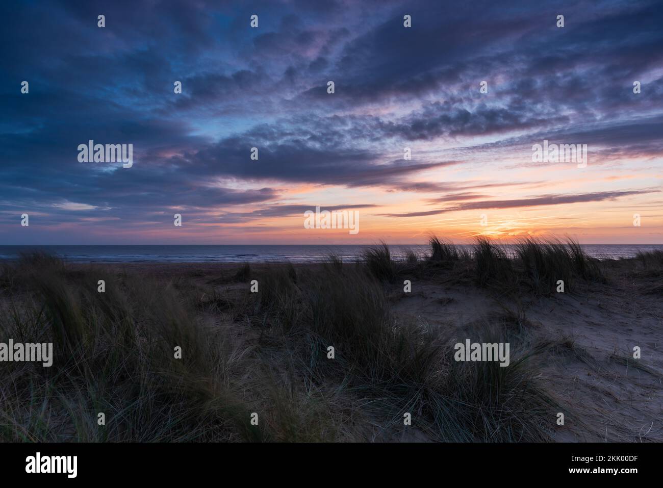 A sunrise dawn shot with moody clouds, across the maram grass and dunes ...