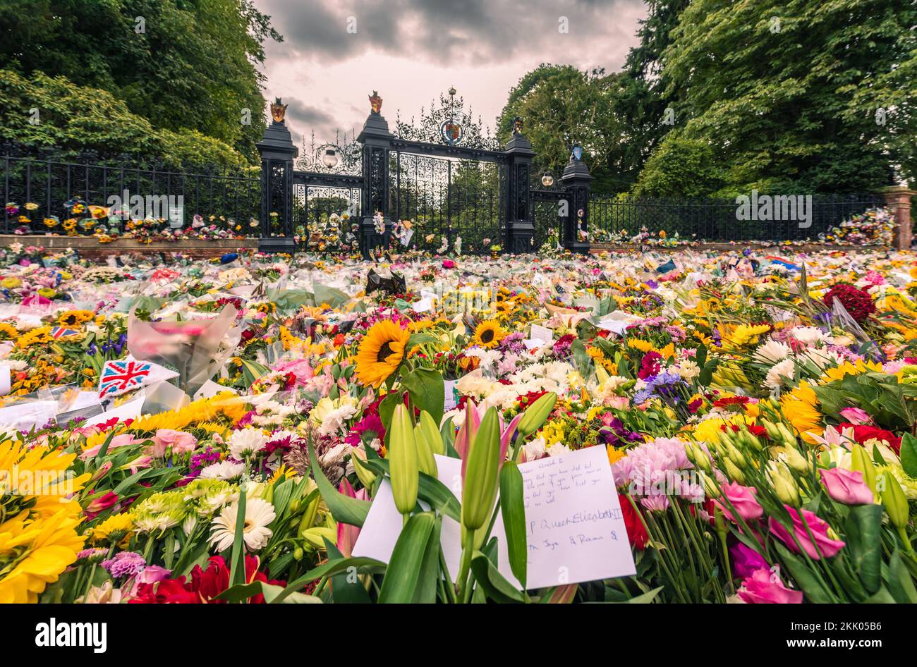 Floral tributes at the gates of Sandringham, Norfolk, after the death ...