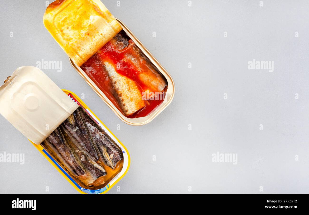Canned sardines on gray with copy space Stock Photo - Alamy