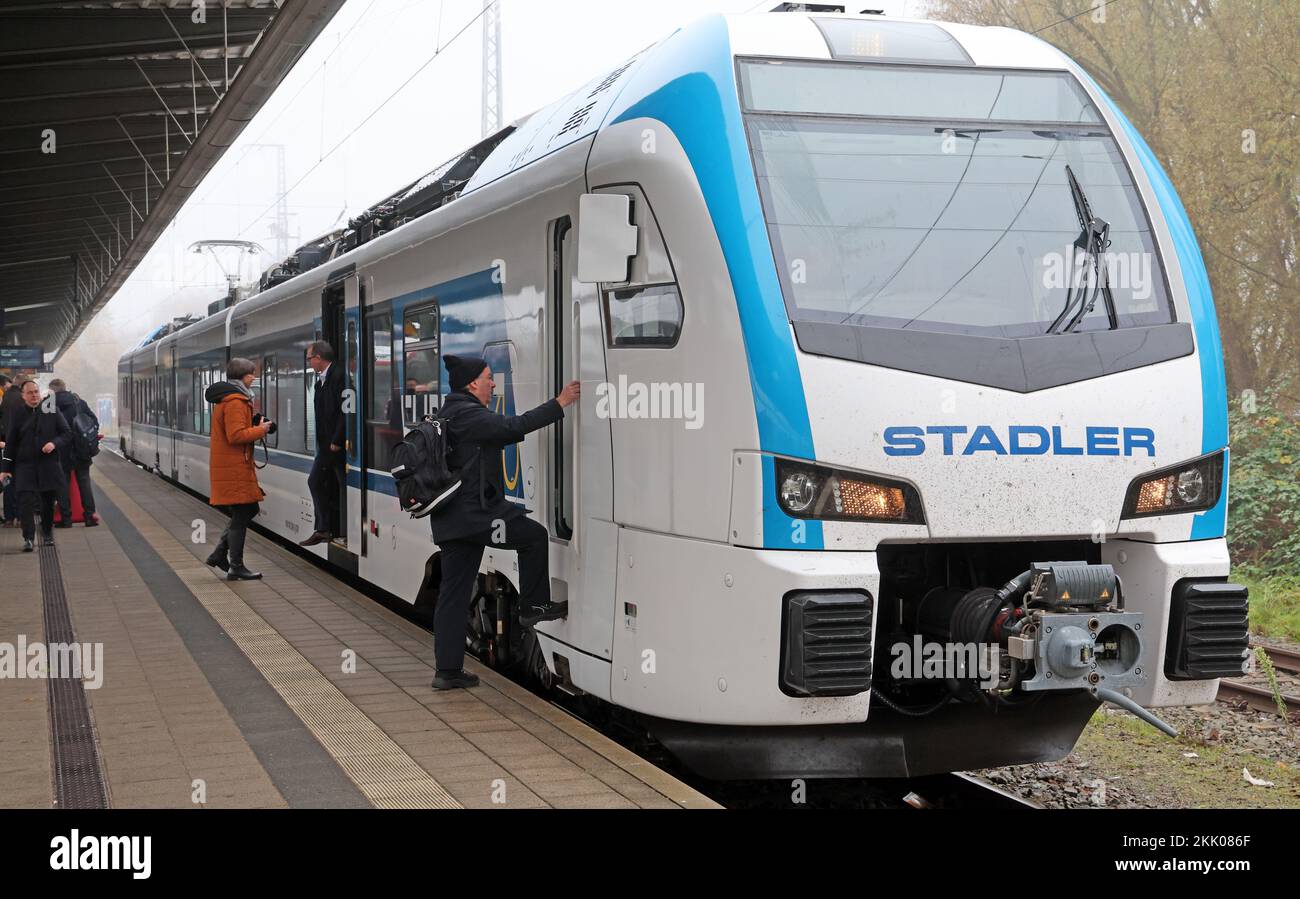 Rostock, Germany. 25th Nov, 2022. A Stadler battery train has arrived ...