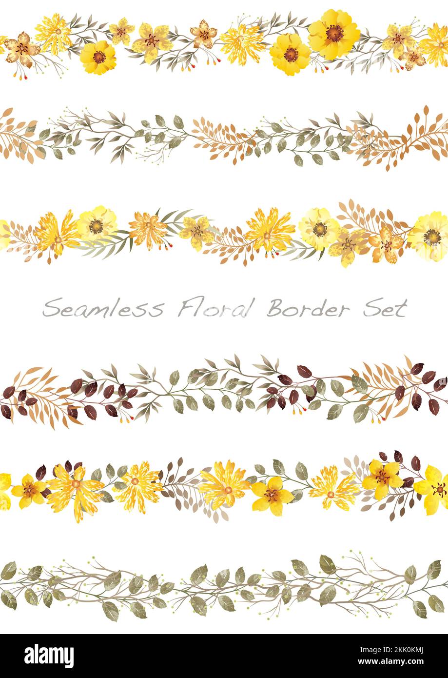 Seamless Vector Watercolor Floral Border Set Isolated On A White ...