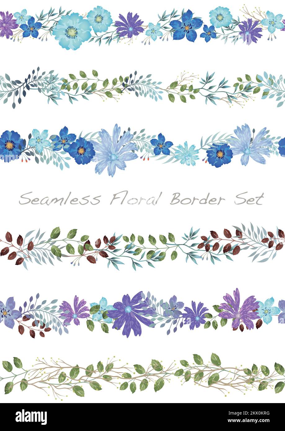 Seamless Vector Watercolor Floral Border Set Isolated On A White ...