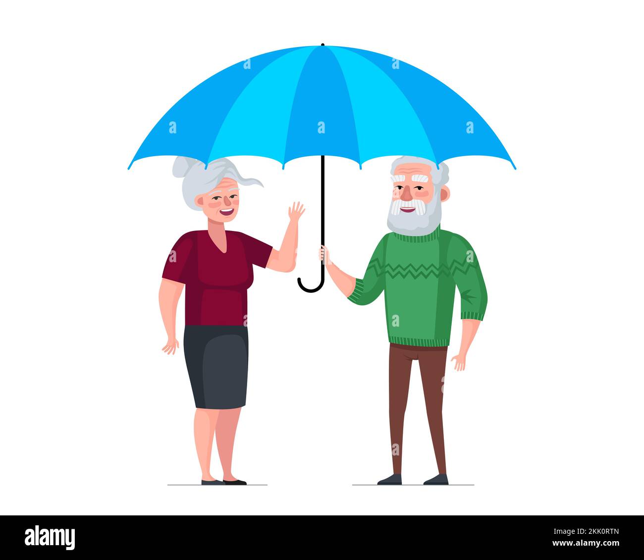 Senior couple under blue protection umbrella. Elderly life and health ...