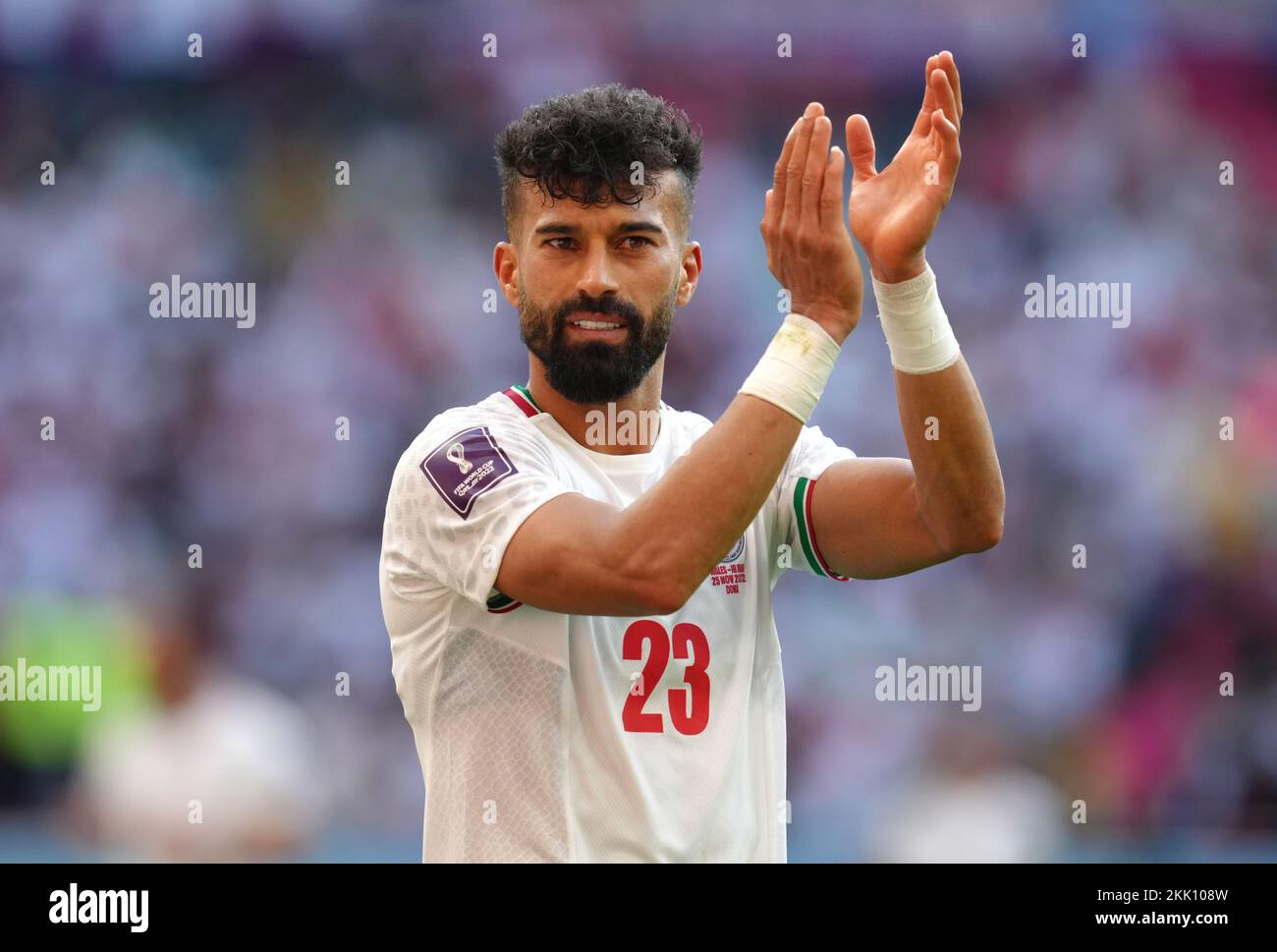 Iran's Ramin Rezaeian applauds the fans after the FIFA World Cup Group ...