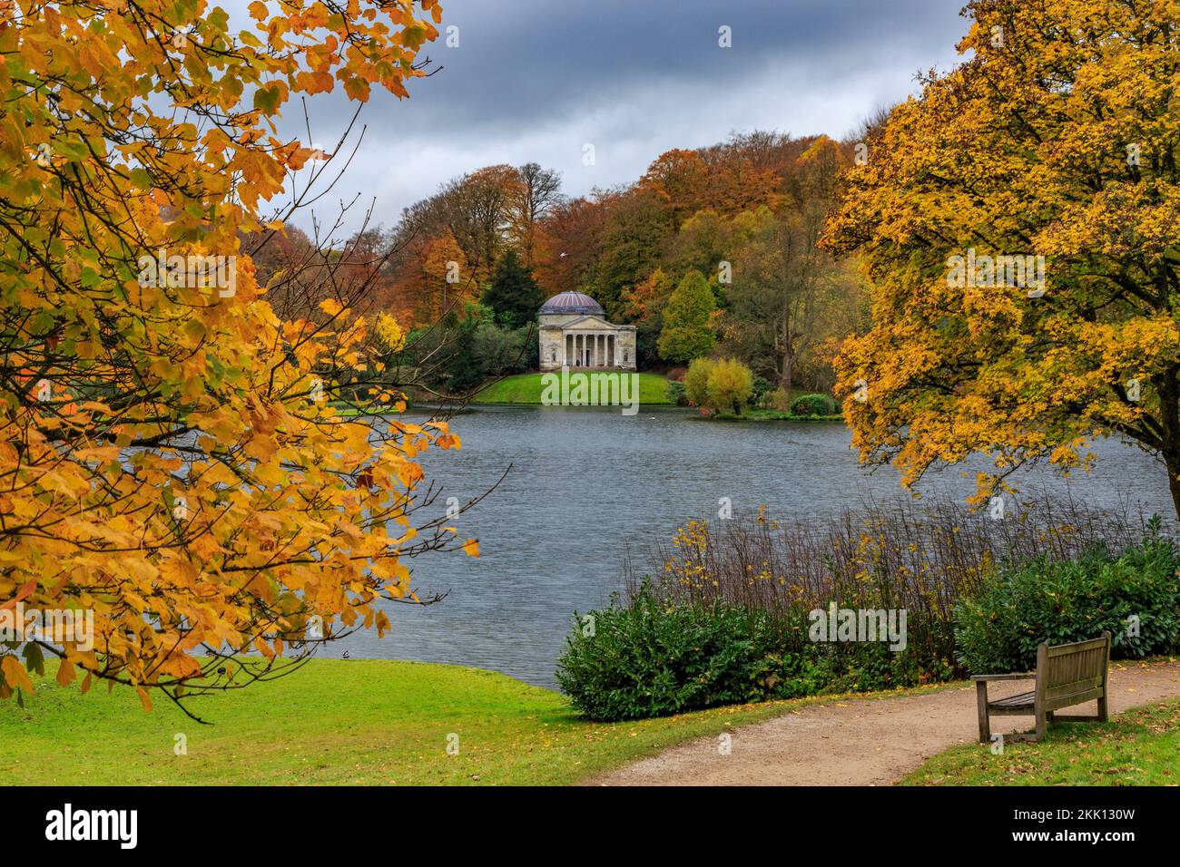 Spectacular aututmn colour surrounds the Pantheon beside the lake at ...
