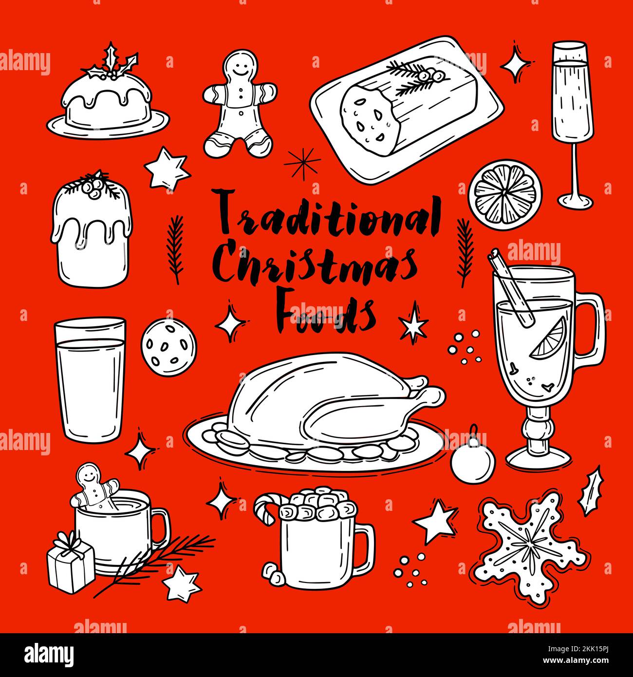 Traditional Christmas food and drink illustration in doodle style on ...