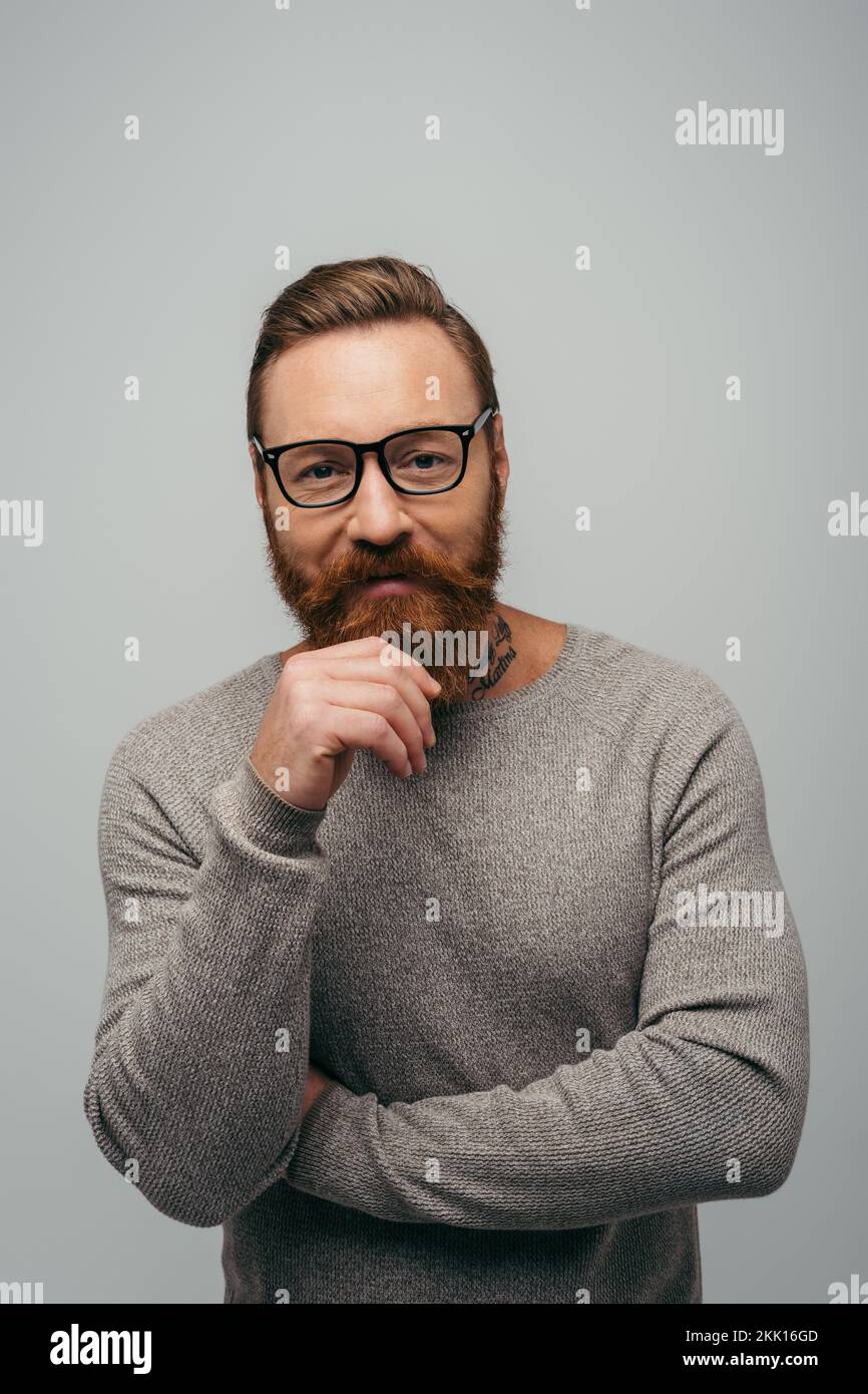 bearded man in long sleeve and eyeglasses smiling isolated on grey ...