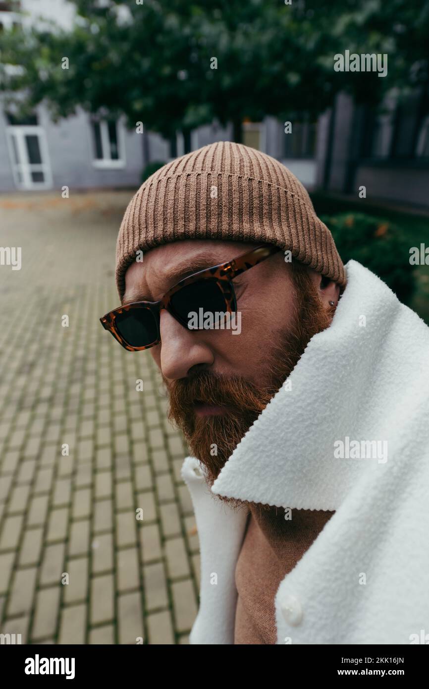 suspicious man with beard in stylish sunglasses and beanie hat looking ...