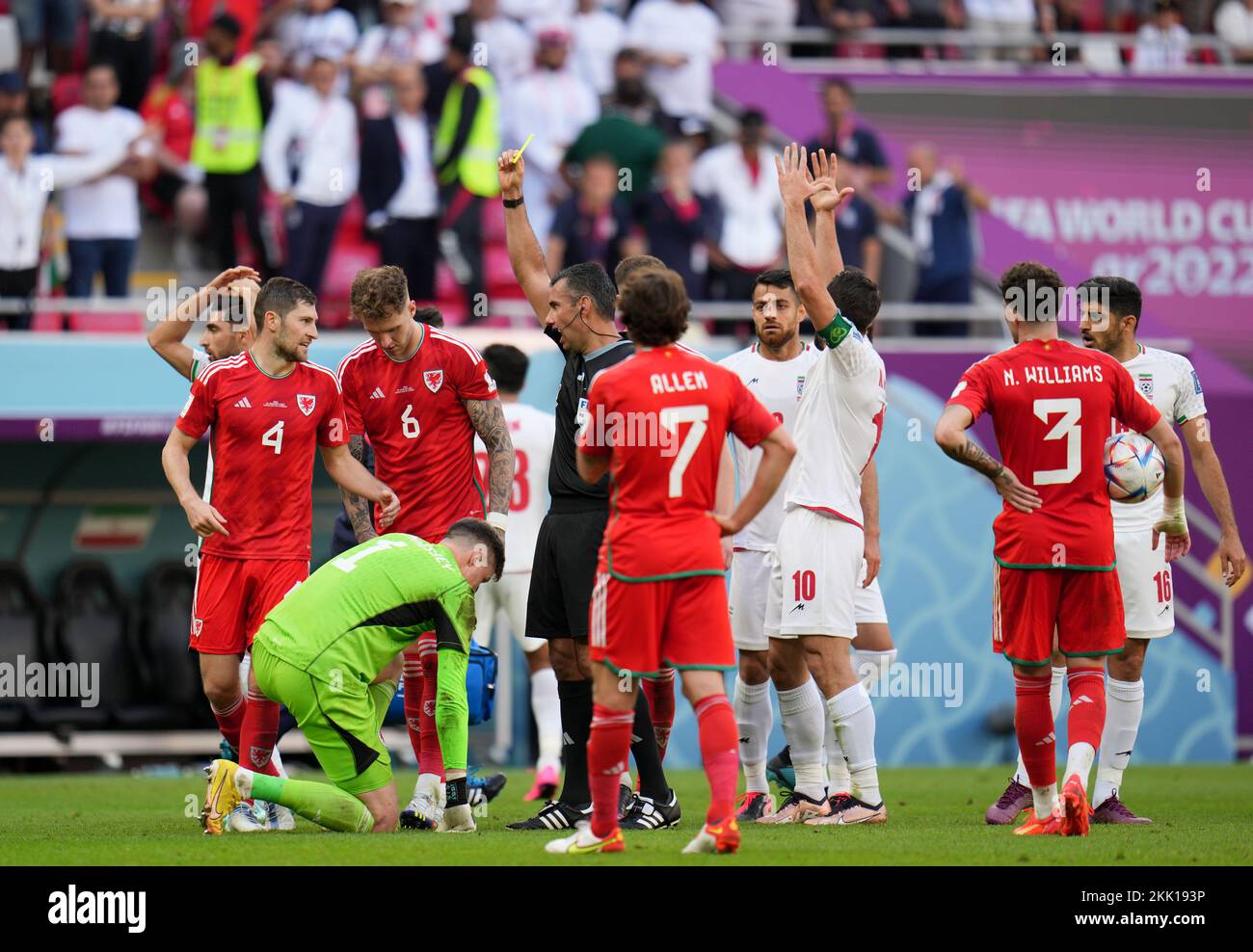 Al Rayyan, Qatar. 25th Nov, 2022. Referee Mario Escobar (5th L) shows a ...