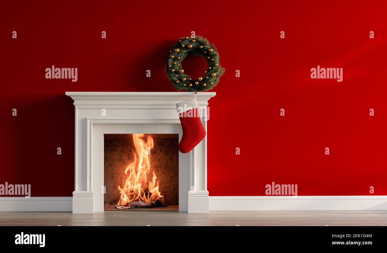 Red christmas stocking hanging on a fireplace. Festive cosy holiday background. 3D Rendering ...