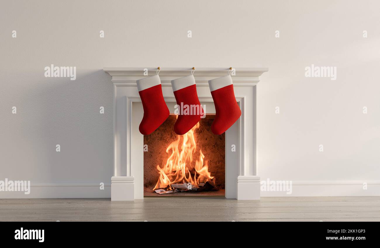 Festive stocking hanging from a fireplace at Christmas. 3D Rendering ...