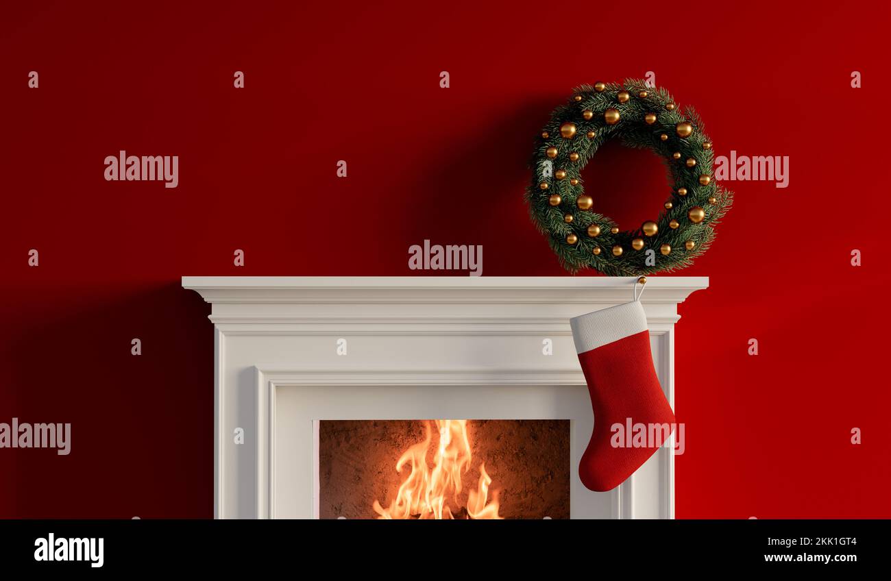 Red christmas stocking hanging on a fireplace. Festive cosy holiday ...