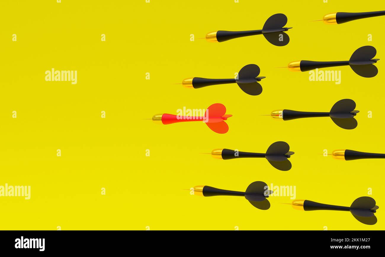 A 3d illustration of a set of darts one in front red color on a yellow ...