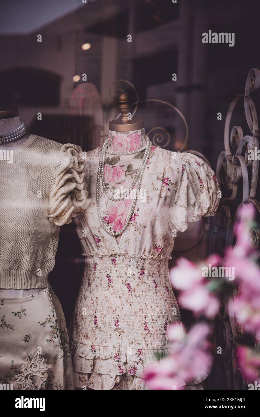 A vertical shot of a beautiful vintage dress with a floral pattern and ...