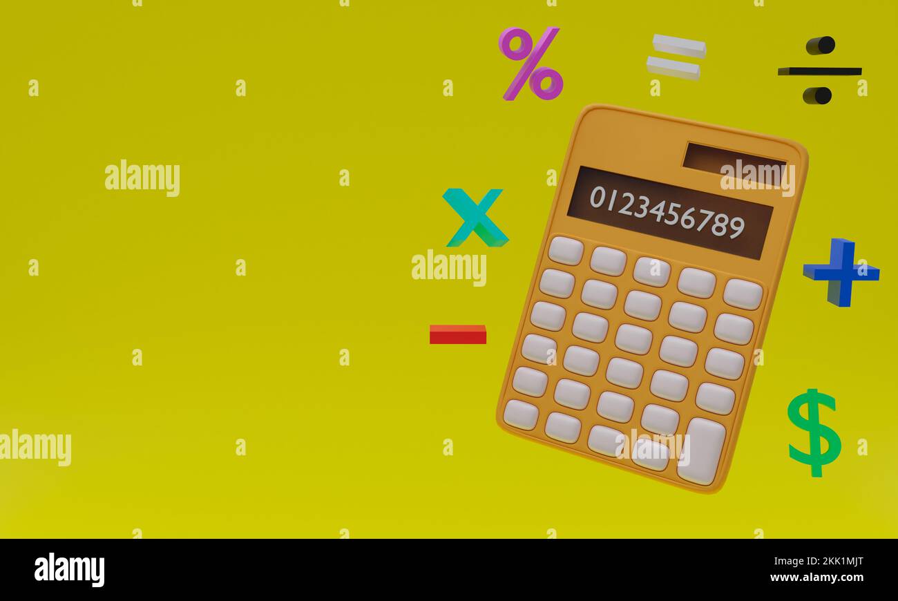 A 3d illustration of a calculator surrounded by math signs on a yellow ...