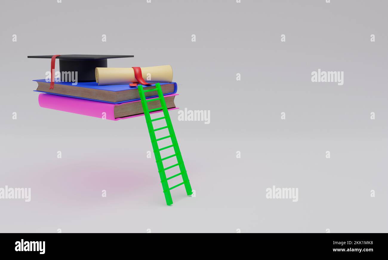 A 3d illustration of a cap and diploma on books, ladder Stock Photo - Alamy