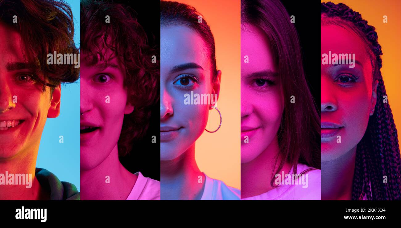 Cropped portraits of young people, men and women expressing different ...