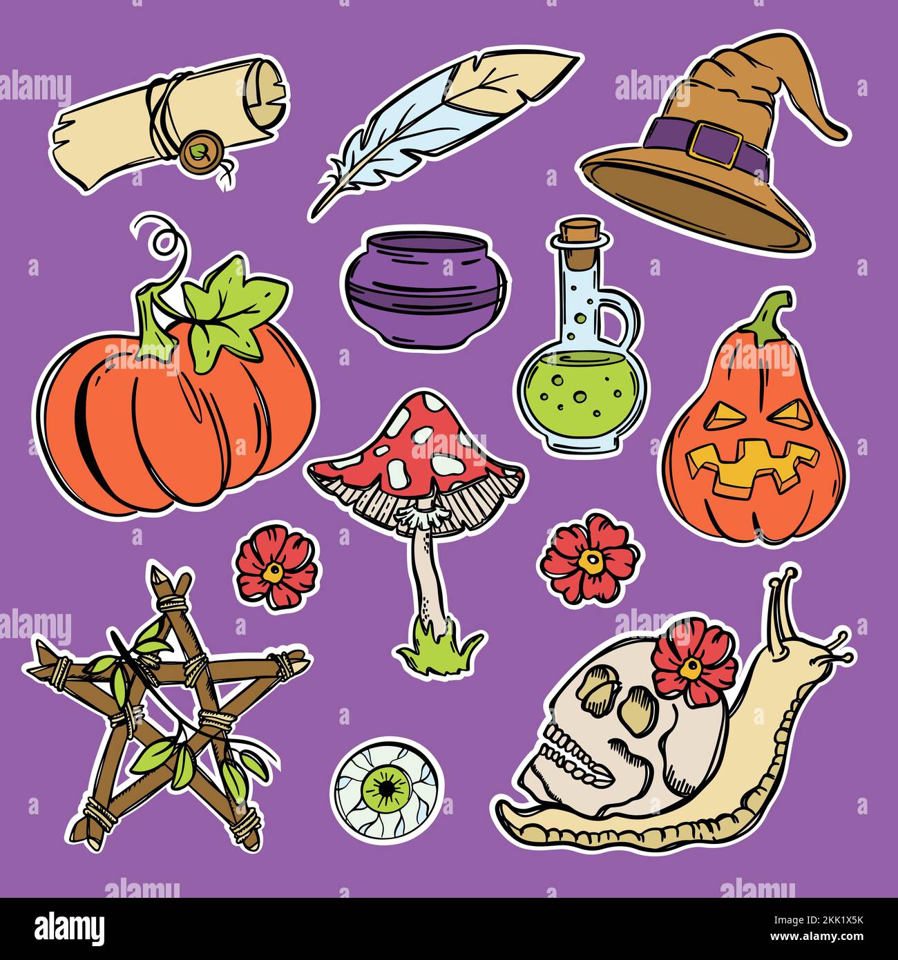 HALLOWEEN LABEL PACK Colorful Hand Drawn Doodle Objects Sketch Alchemic ...