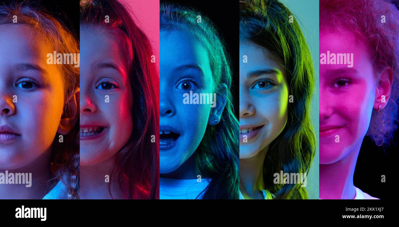 Children's emotions. Set of portraits of cute kids, charming little ...