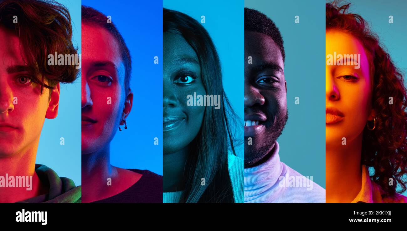 Cropped portraits of young people, men and women expressing different ...