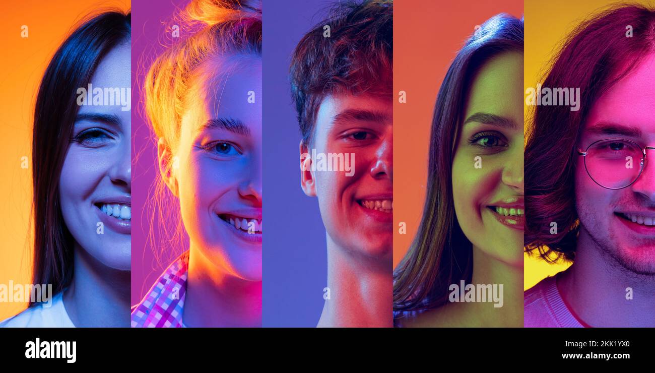 Cropped portraits of young people, men and women expressing different ...