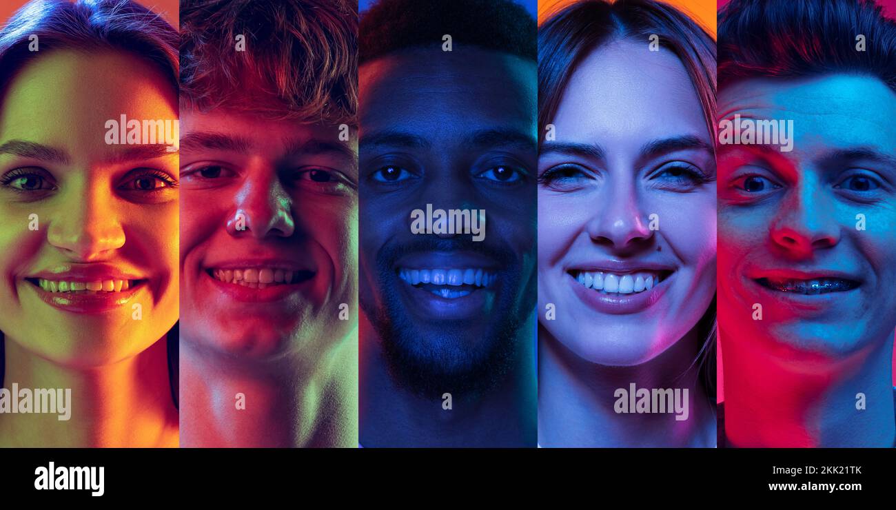 Happiness. Closeup portraits of young emotional people, men and women ...
