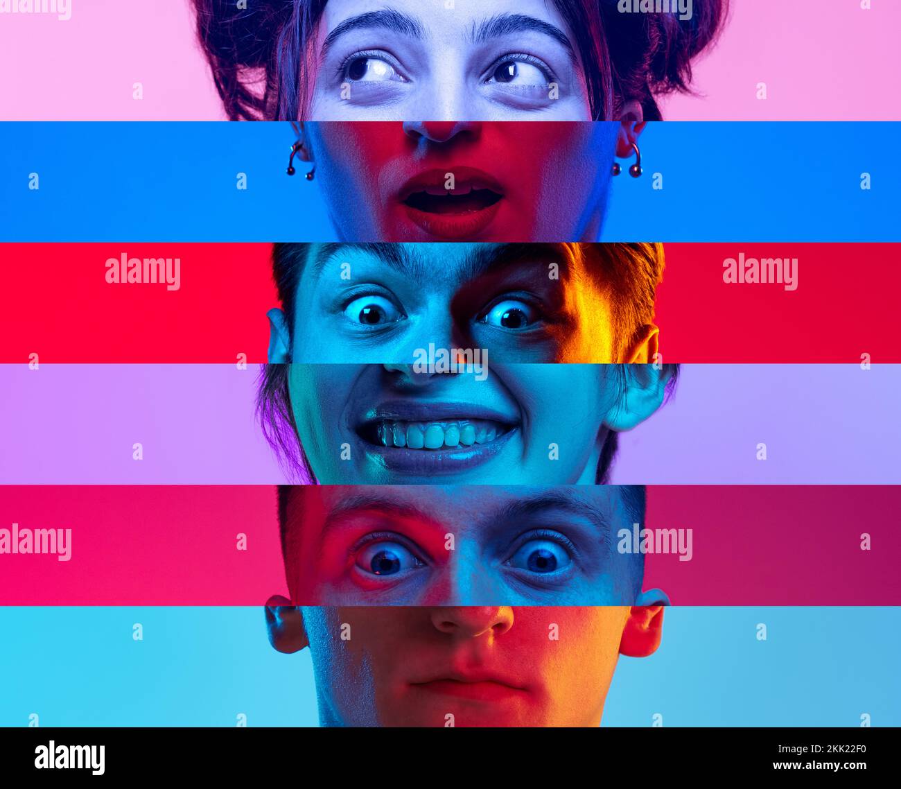 Wow, surprise and shock. Vertical composite image of male and female ...
