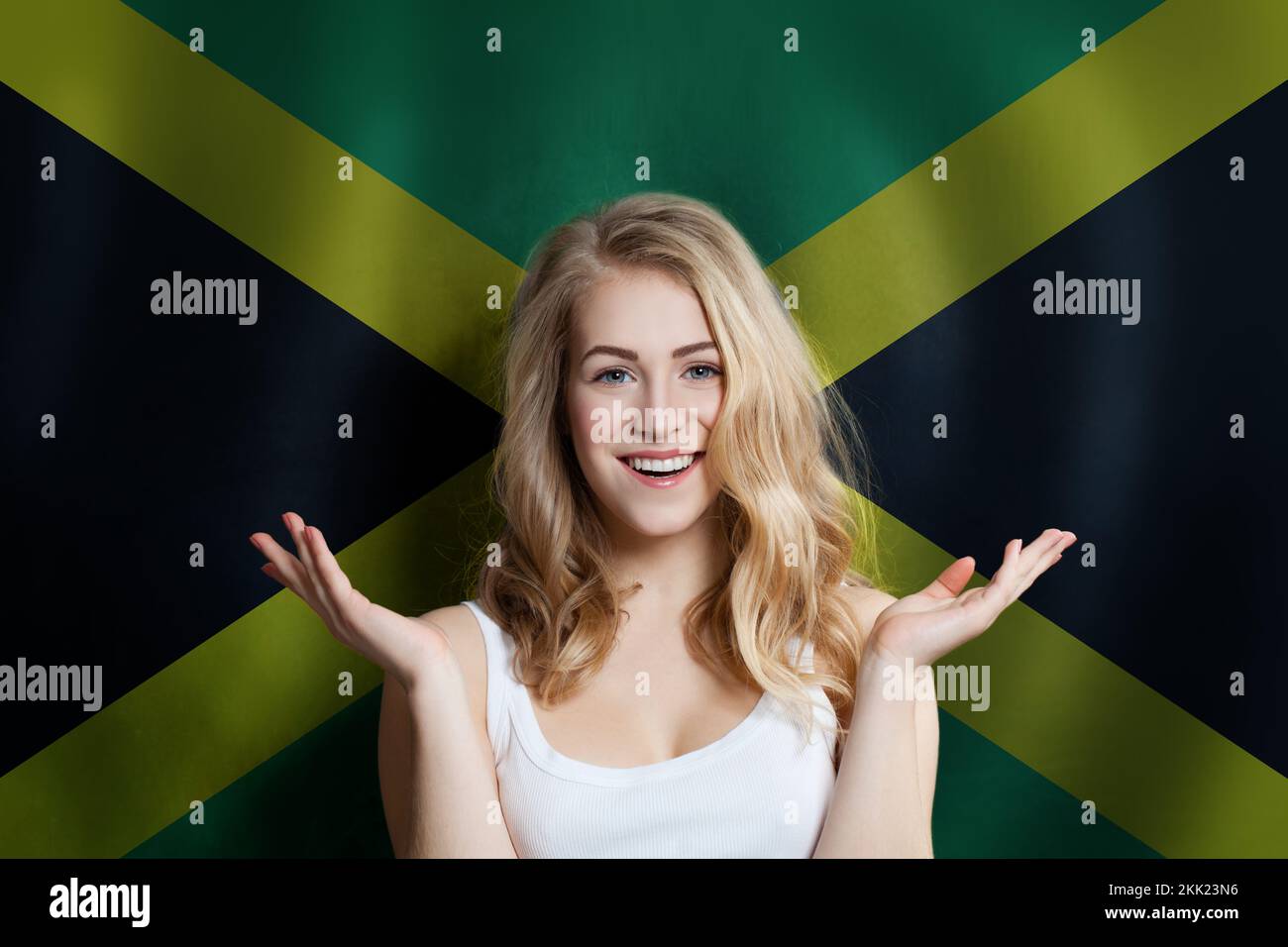 Jamaica Concept With Happy Surprised Cute Girl With Jamaica Background