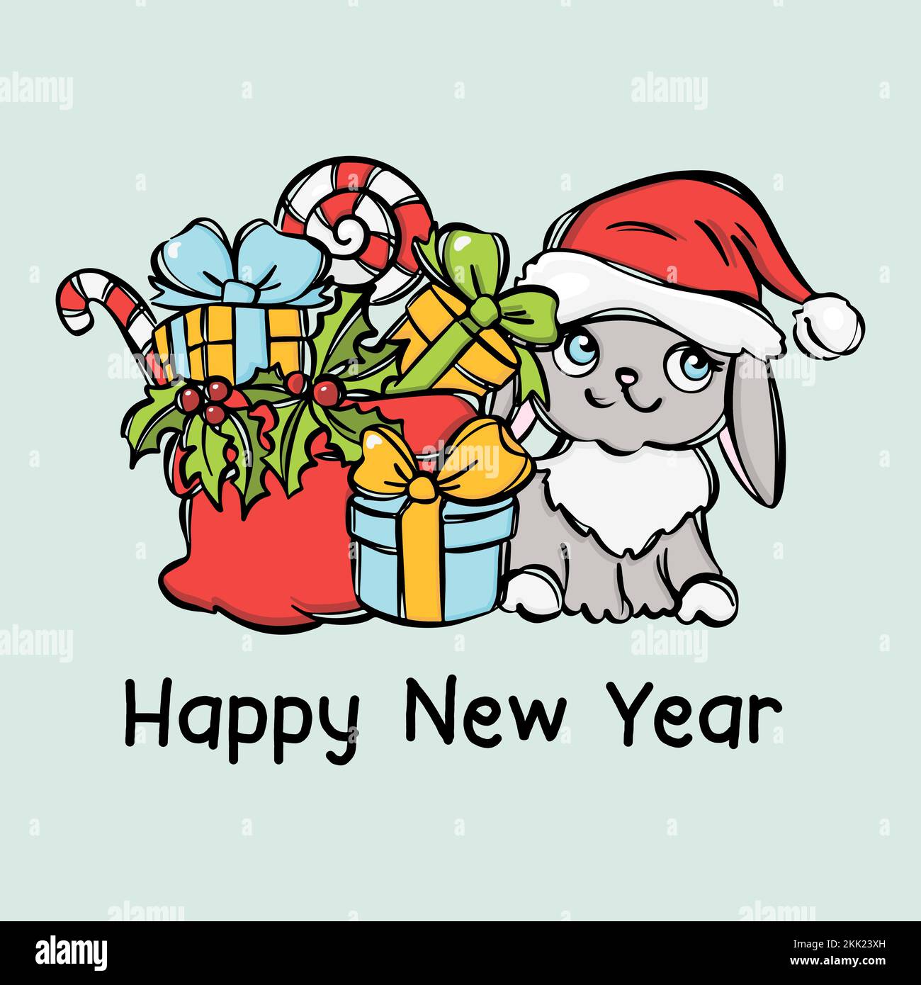 HAPPY NEW YEAR CARD Cute Rabbit In Santa Hat And Bag With Presents In ...