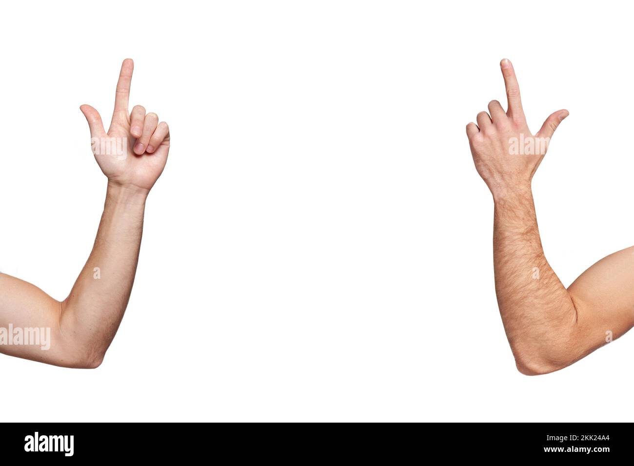 Male hands pointing up isolated on white closeup Stock Photo - Alamy
