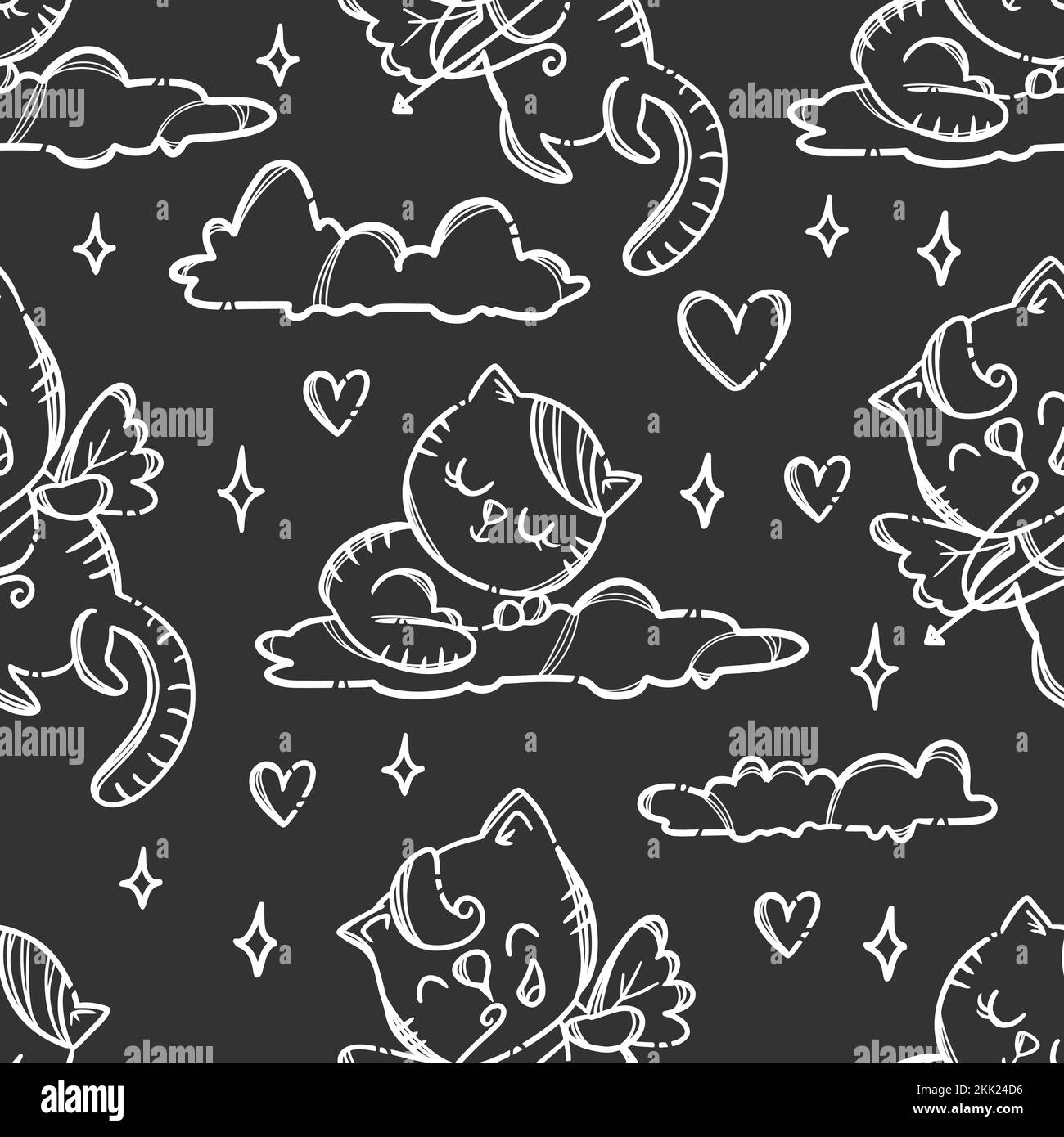 HAPPY VALENTINES DAY Kitten Cupid Shoots A Bow Flying In The Sky ...