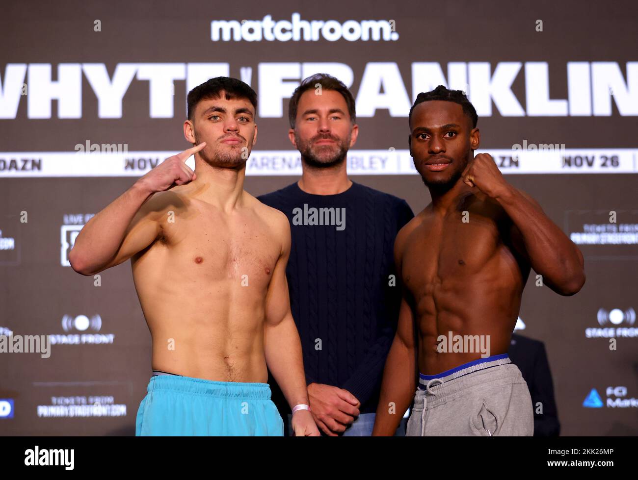 Boxing promoter Eddie Hearn (centre), Mark Dickinson (left) and Gideon Onyenani during weigh-in ...
