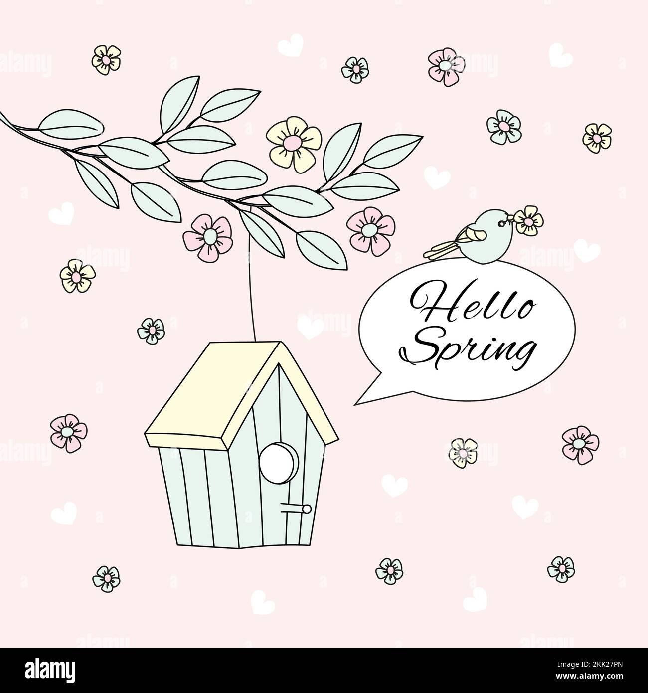 HELLO SPRING Bloom Nature Season Bird Cartoon Vector Illustration Set ...