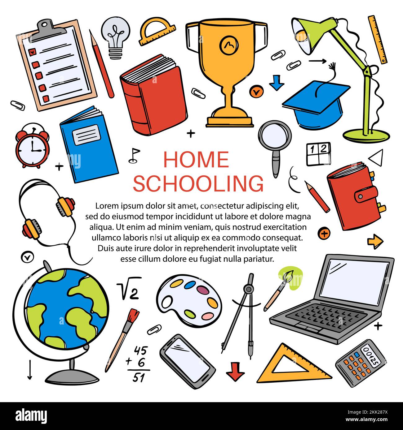 HOME SCHOOLING Various School Supplies For Learning Of Students On The ...