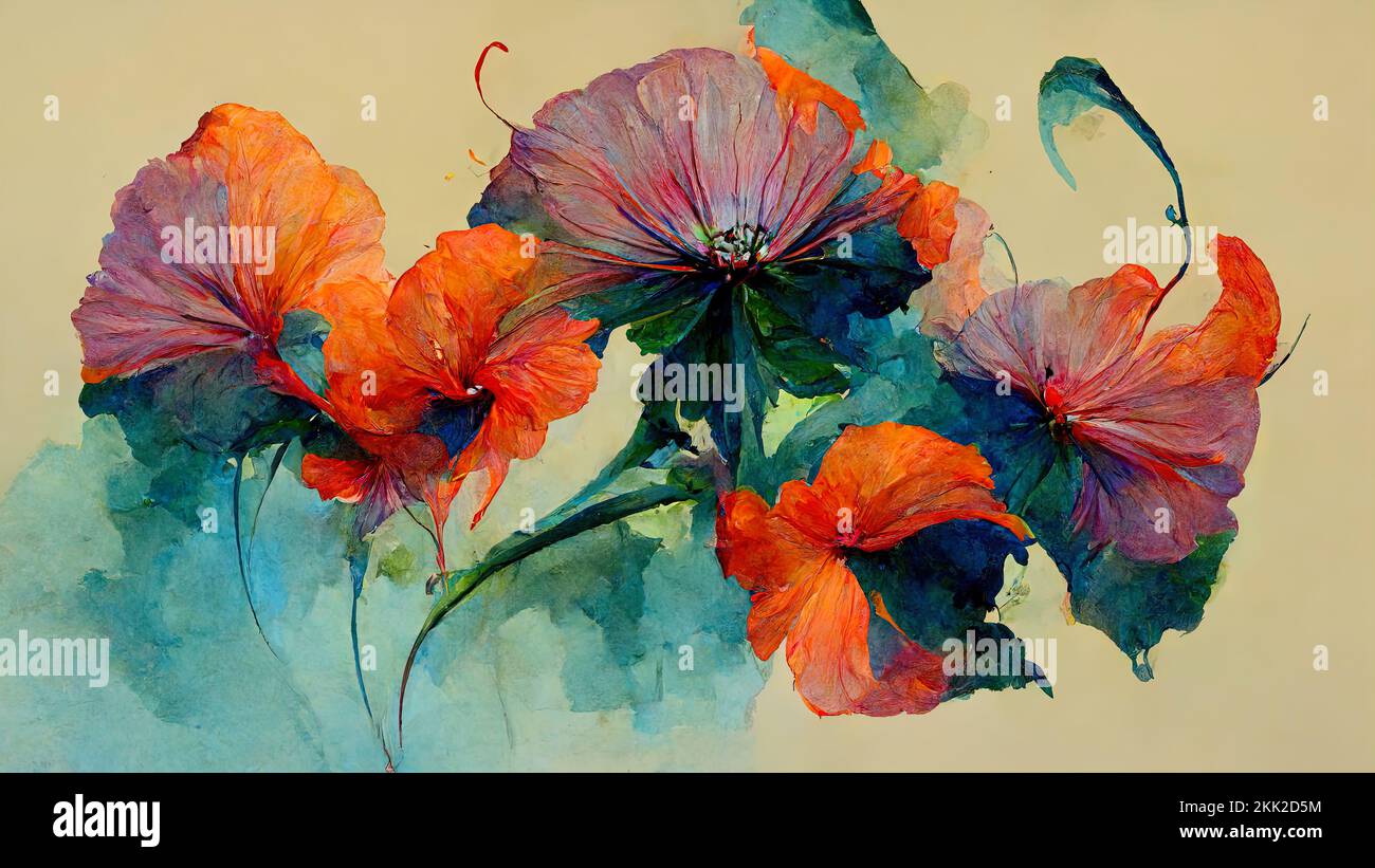 Abstract composition of plants and flower petals painting color texture ...