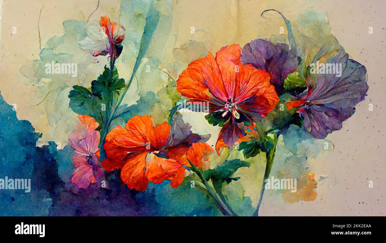 Abstract composition of plants and flower petals painting color texture ...