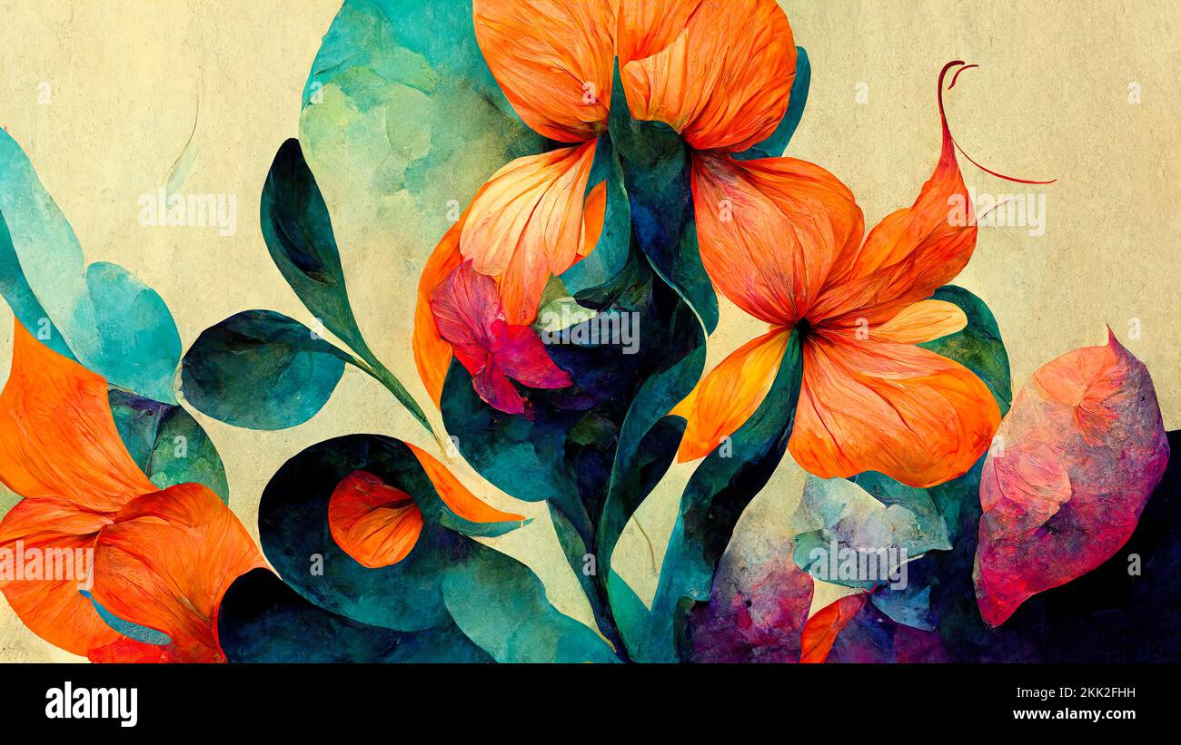 Abstract composition of plants and flower petals painting color texture ...