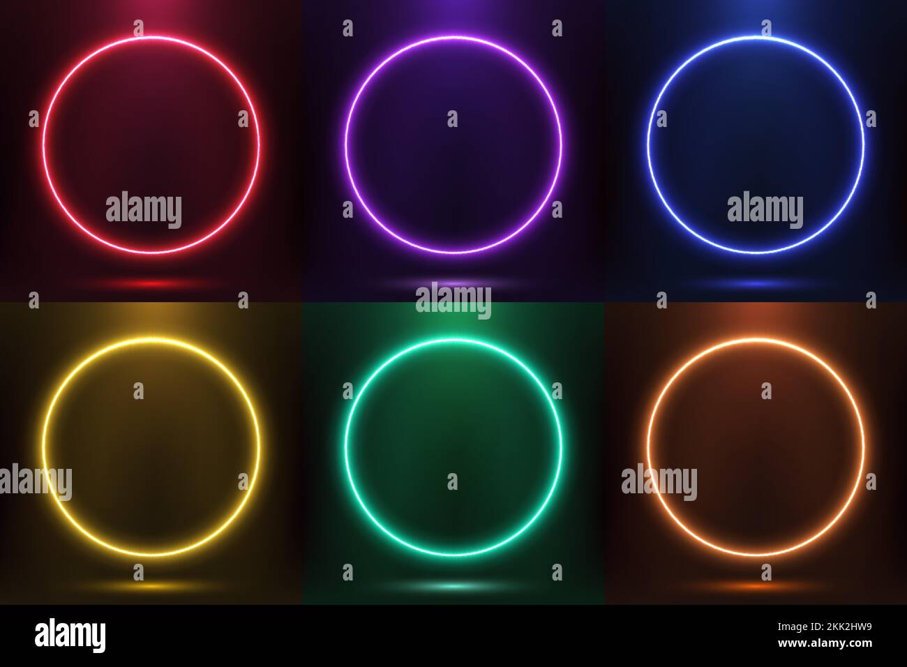 Set of glowing neon color circles round shape with lighting effect ...