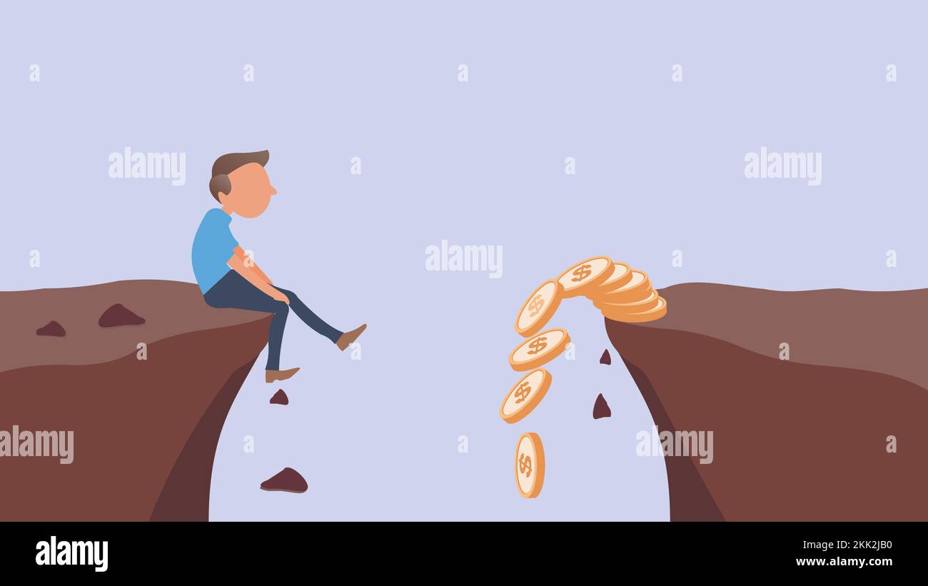 A cartoon man sitting on the edge of a cliff and looking at a stack of ...