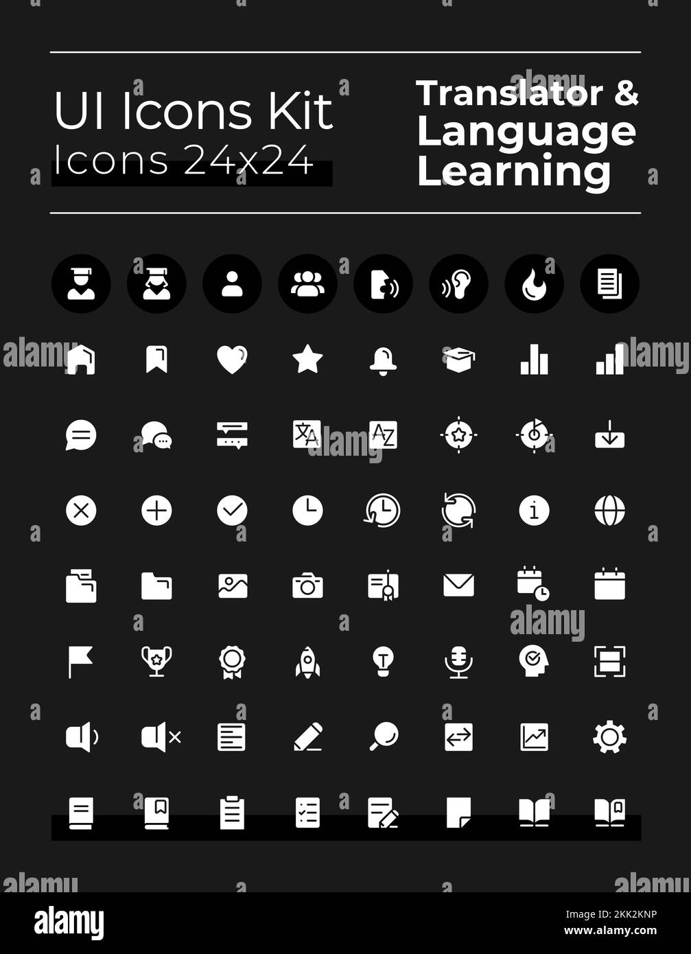 Language learning white glyph ui icons set for dark mode Stock Vector ...