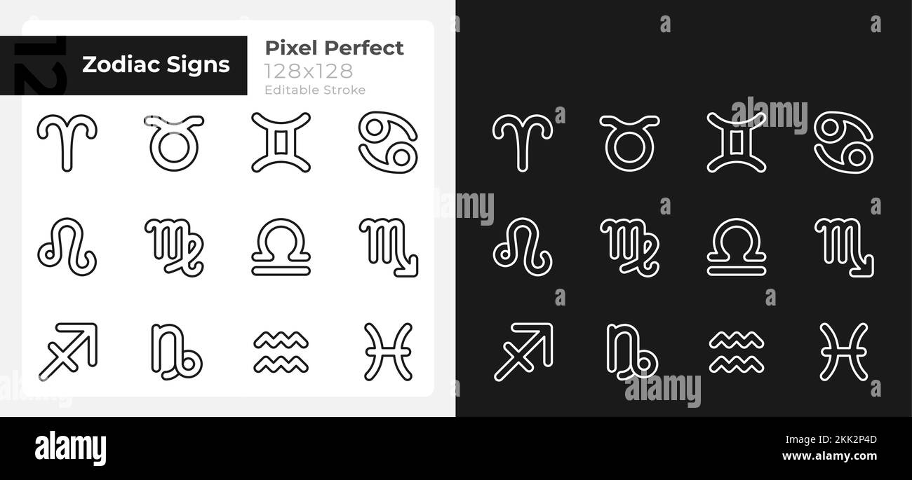 Zodiac signs pixel perfect linear icons set for dark, light mode Stock ...
