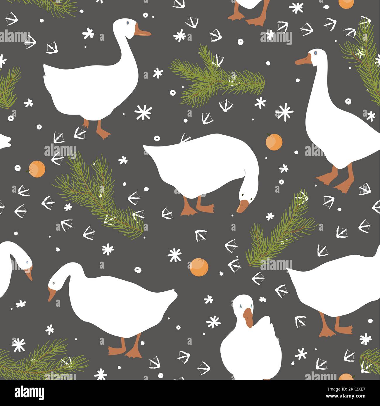 Goose and their feet tracks, and fir tree branches, and tangerines on ...