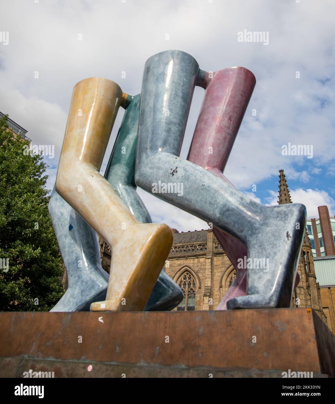 A low angle shot of colorful Legs Walking sculpture near Leeds station ...