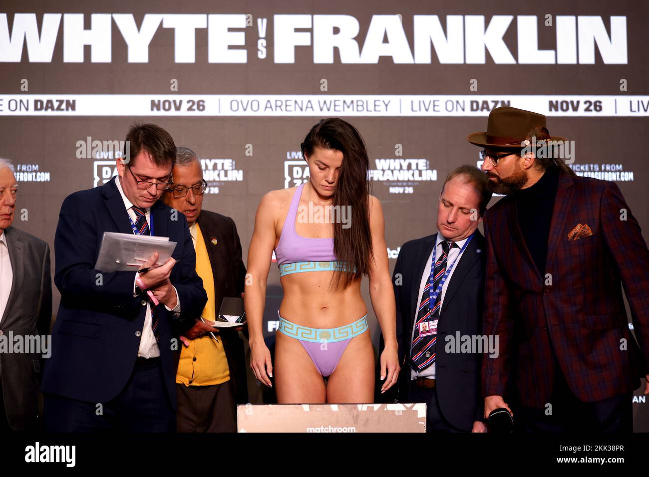Sandy Ryan during the weigh-in at The Drum Wembley, London. Picture date: Friday November 25 ...