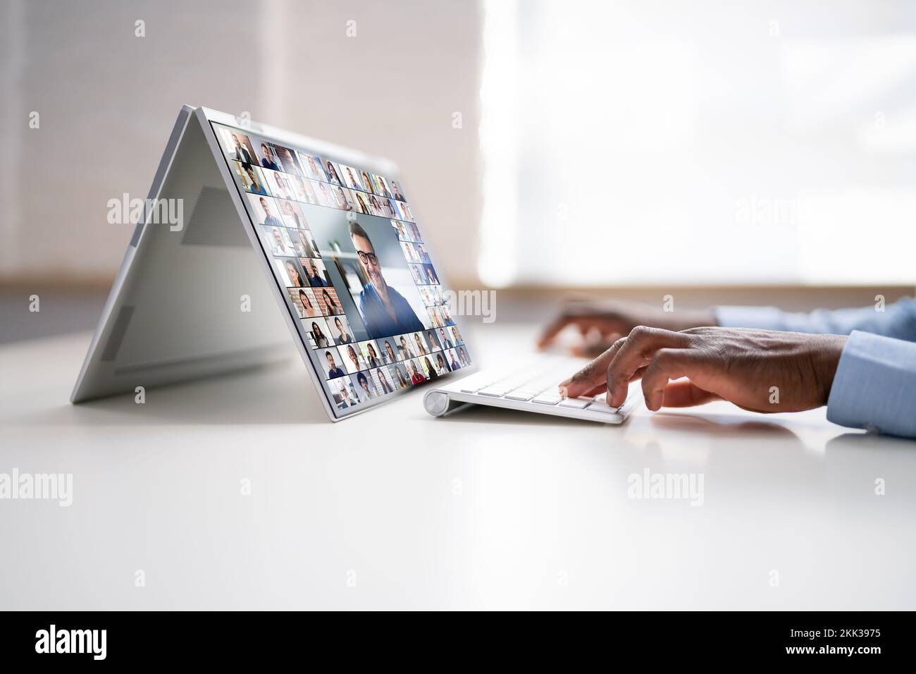 Virtual Video Conference Meeting Chat On Hybrid Laptop Stock Photo - Alamy
