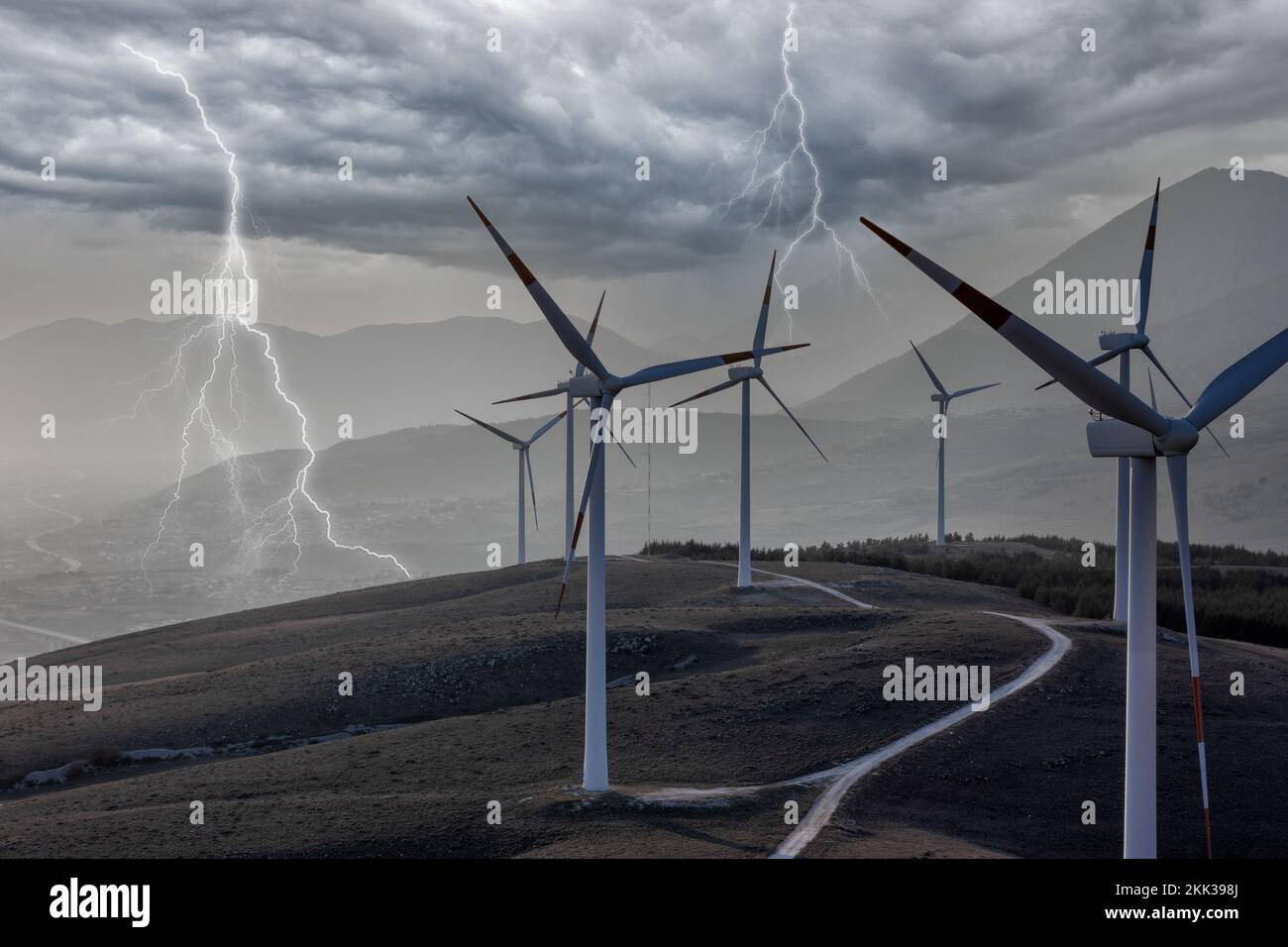 Wind turbines on a beautiful sky.A mountain wind farm. Renewable energy ...
