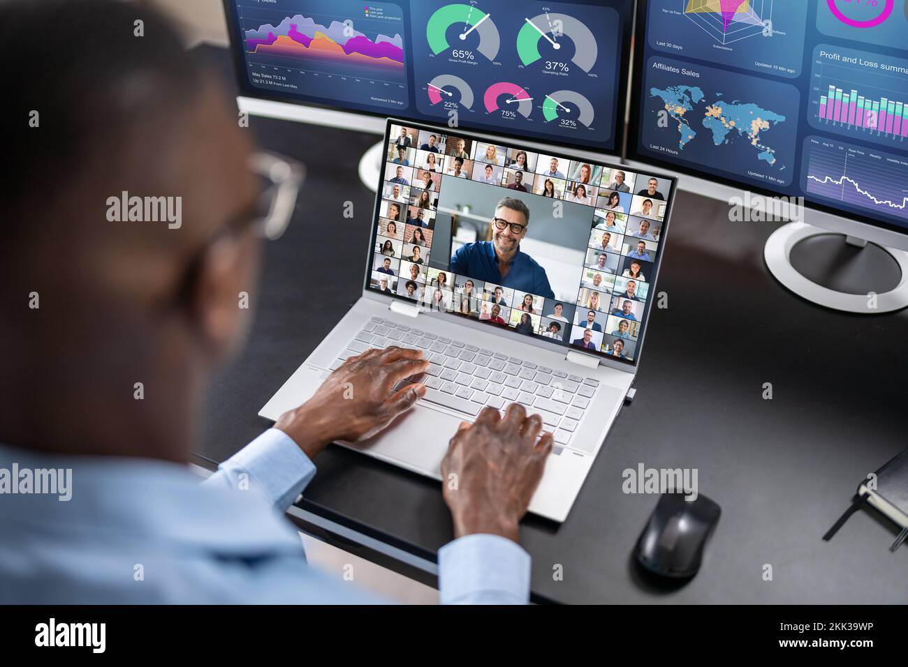 Video Conference Business Call. African Conferencing On Computer Stock ...