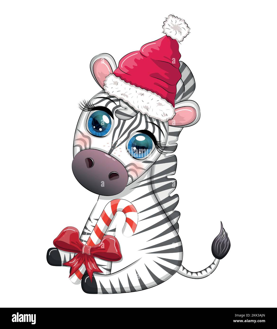 Cute zebra in red santa hat with christmas ball, candy kane, gift ...