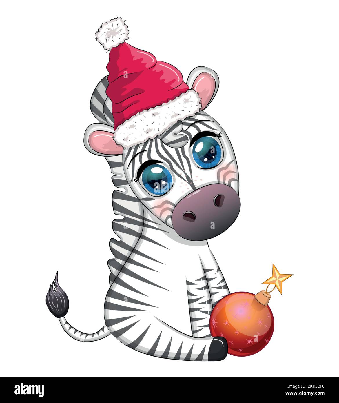 Cute zebra in red santa hat with christmas ball, candy kane, gift ...