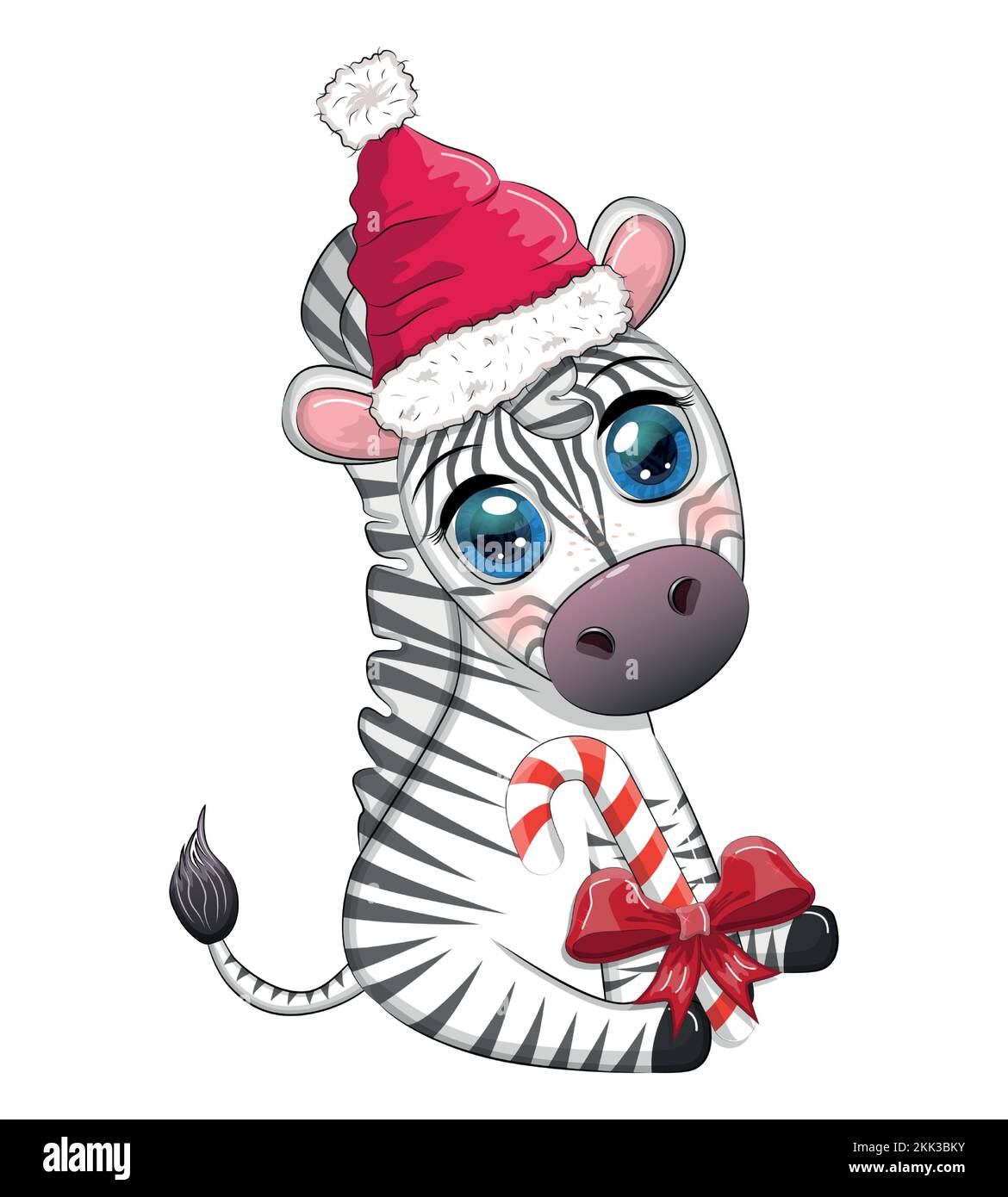 Cute zebra in red santa hat with christmas ball, candy kane, gift ...